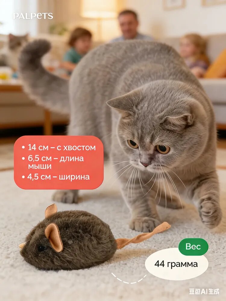 Игрушка для кошек со звуковым чипом / интерактивная мышка пищалка, 13-15 см (темная)
