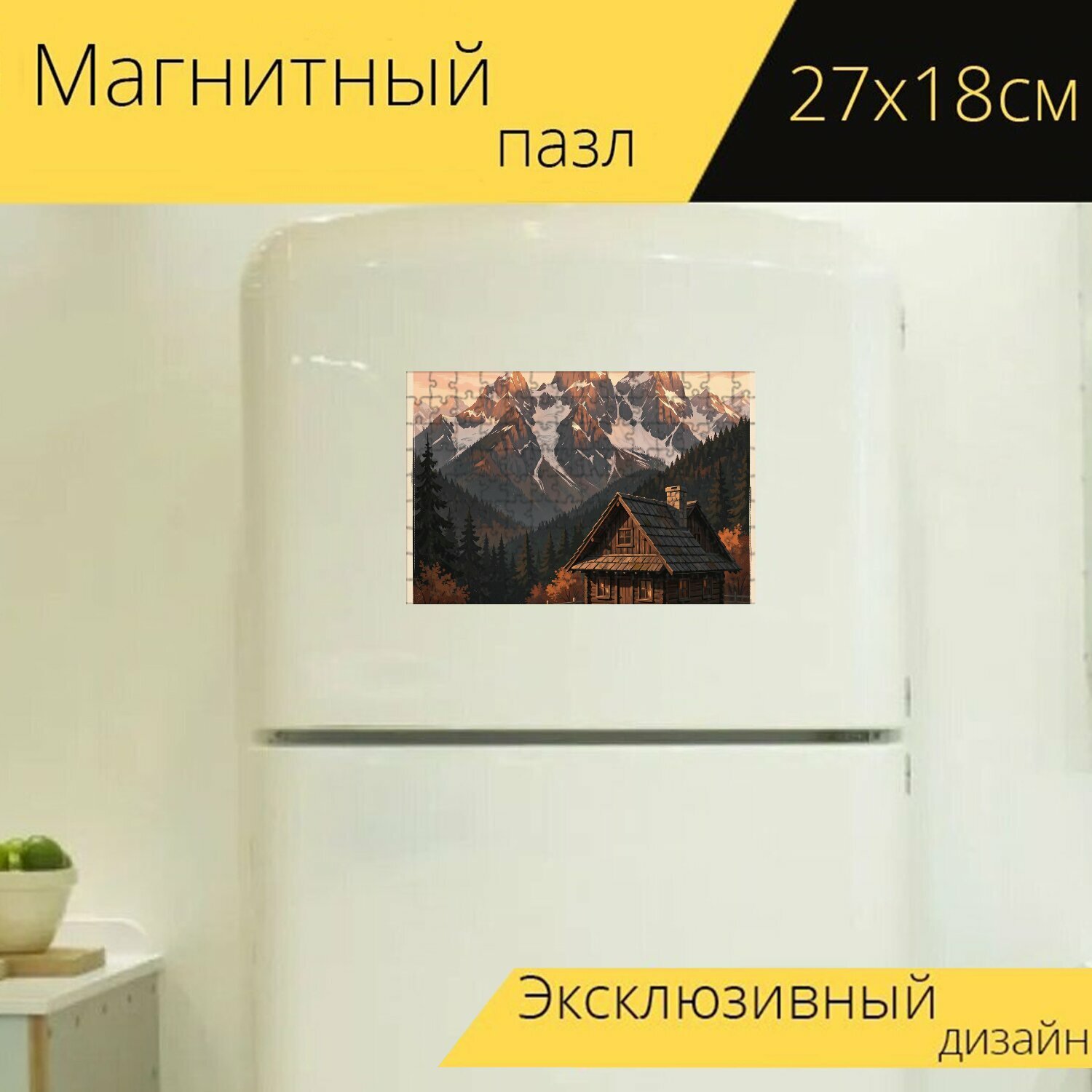 Магнитный пазл "Горный домик у леса. Уютное деревянное шале среди хвойного леса на фоне величественных заснеженных вершин. Тёплые осенние оттенки, мягкий." на холодильник 27 x 18 см.