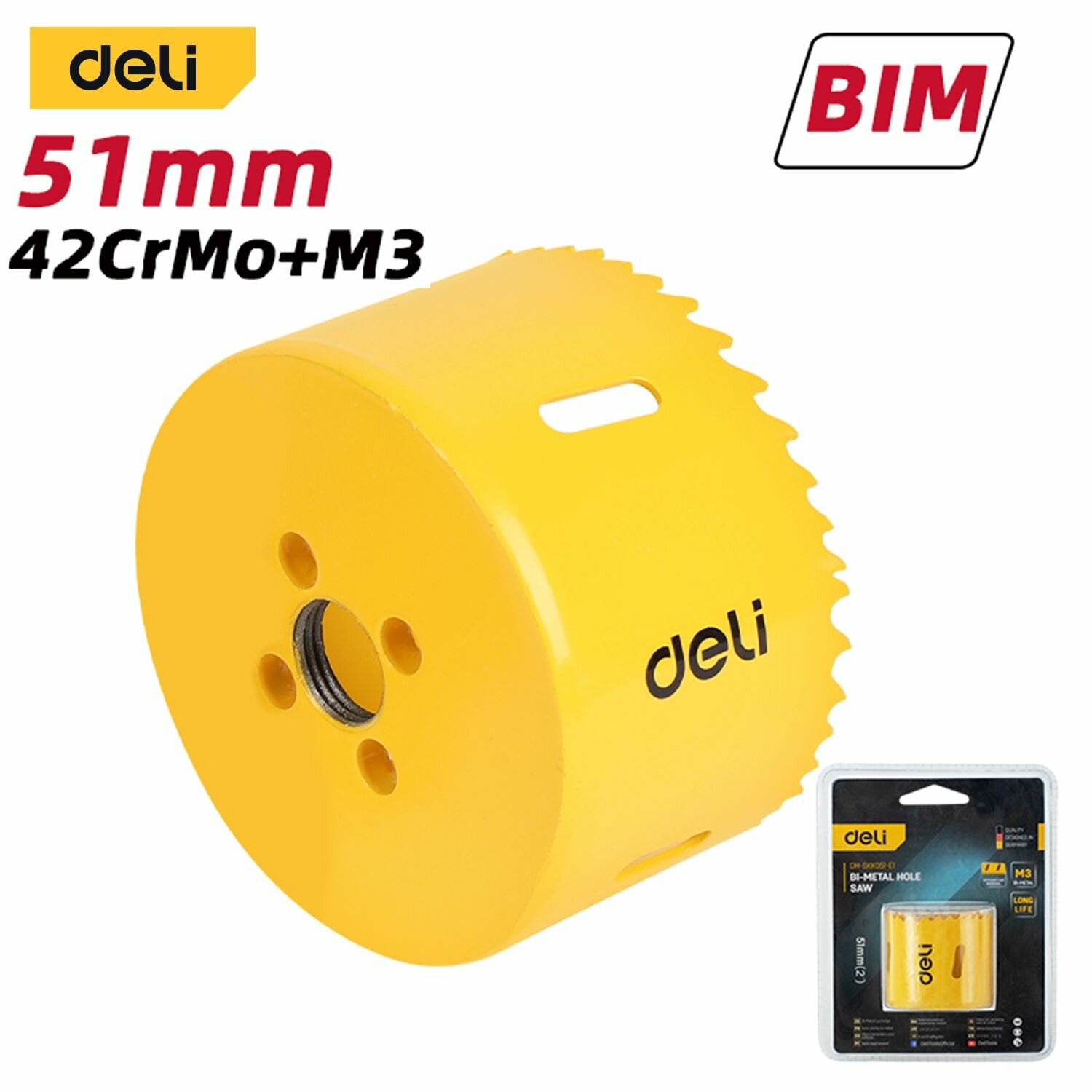 Коронка биметаллическая 51мм Deli DH-SKK051-E1 (макс глубина сверления 38мм, шаг зубьев 4-6мм, 42CrMo+M3)