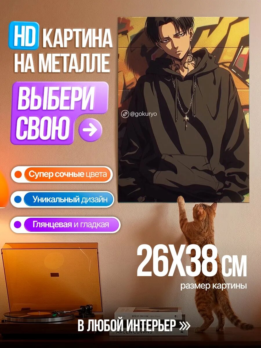 Картина на HD металле Леви Аккерман в худи