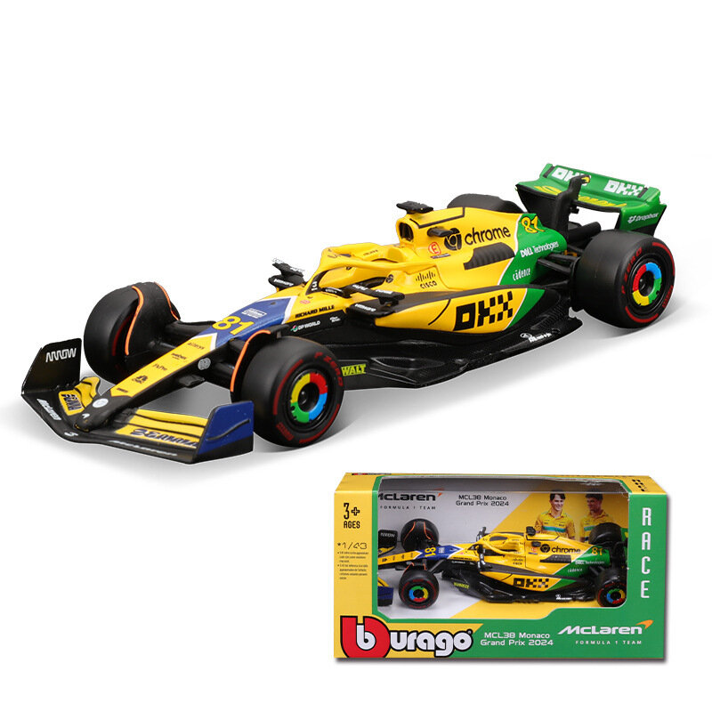 Bburago - гоночный автомобиль Формулы-1 в масштабе 1:43 выше, чем модель автомобиля из имитационного сплава McLaren Monaco MCL38 McLaren 2024 года в США.