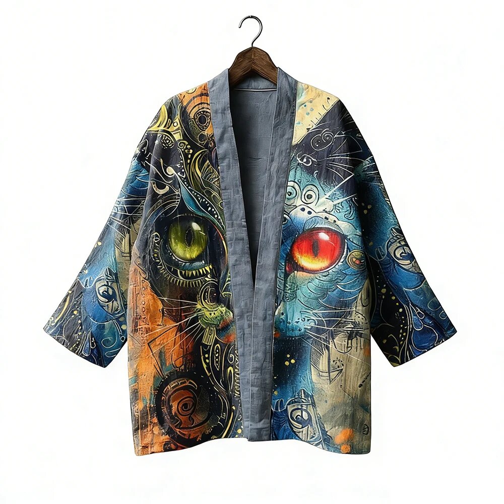 Кимоно мужское с принтом кошачьих глаз, Haori Jacket19