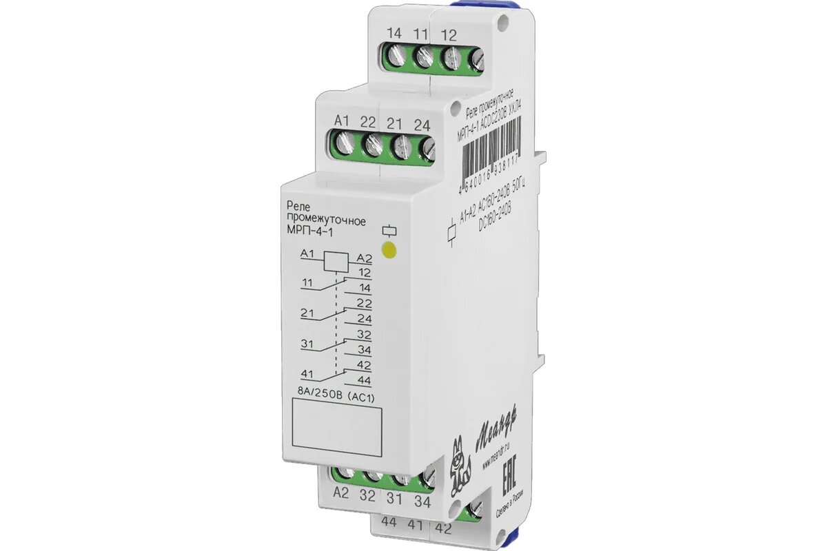 Модульное промежуточное реле Меандр MRP-4-1 ACDC230В УХЛ4 8А 4 контакта DIN‑рейка