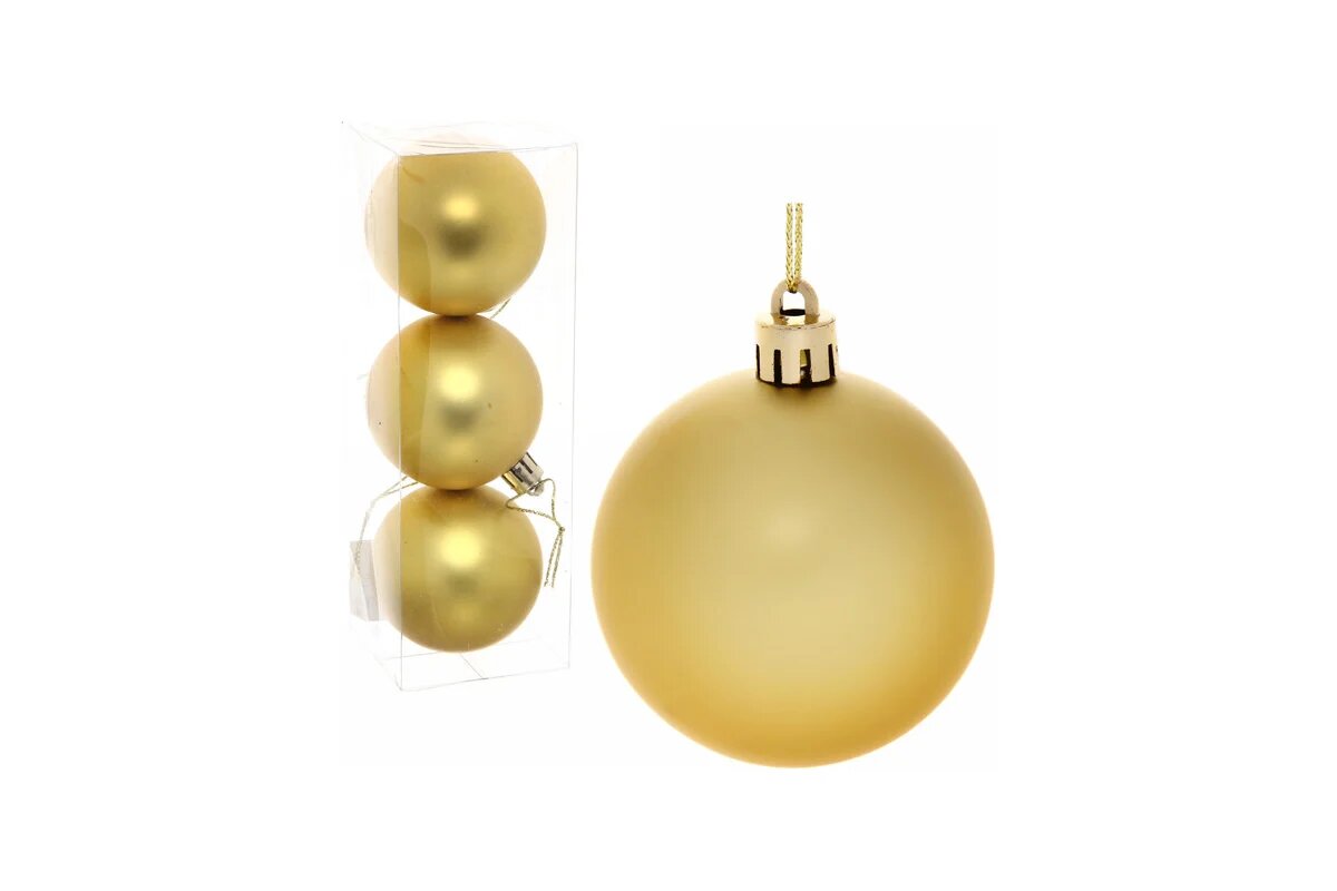 Новогодние шары Серпантин 6 см золотой, набор 3 шт, матовый пластик, подвесной крепеж, идеальный декор для елки и интерьера.