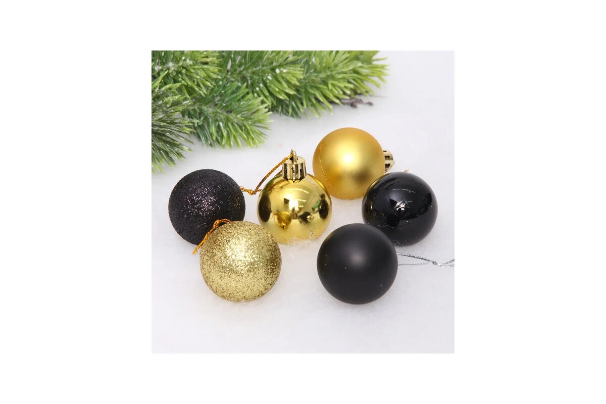 Новогодний шар серпантин 4 см черный/золотой микс фактур из пластика с блёстками для елки и интерьера