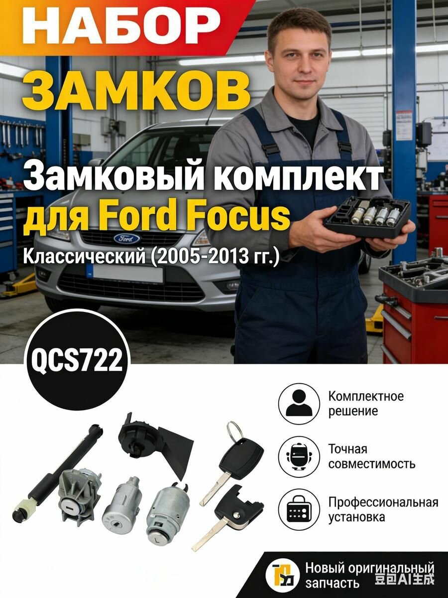 Комплект личинок замков зажигания, замка двери и замка капота для Ford Focus 2/3, Mondeo 4, C-Max, S-Max, 2 ключа
