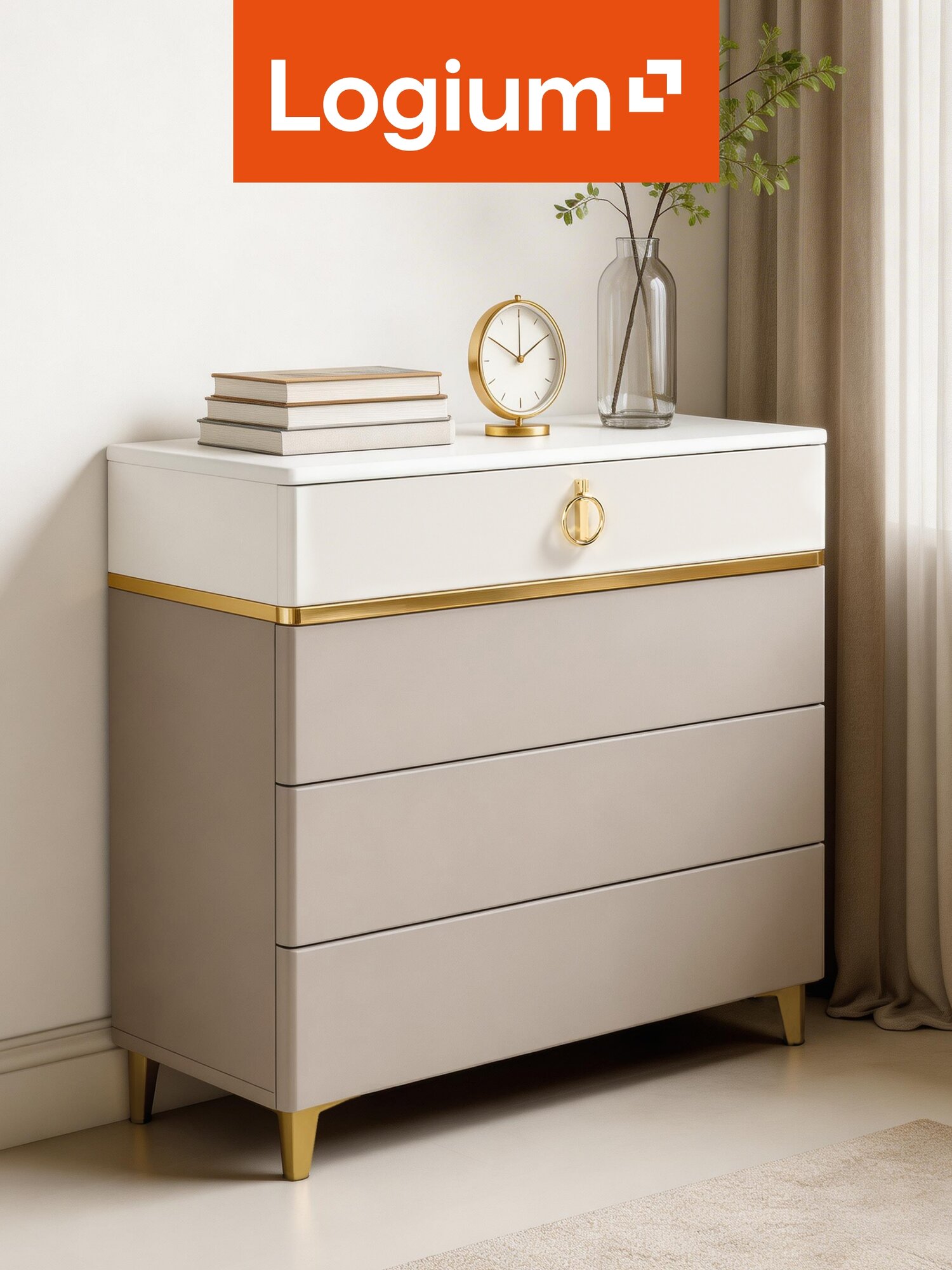 Комод с ящиками Лира 16.252, Глиняный серый, Белый PE шагрень, Крем, белая шагрень