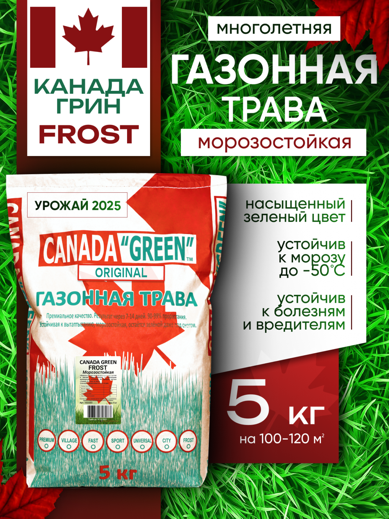 Газонная трава семена Канада Грин Морозостойкая 5 кг / Canada Green Frost 5 кг/ райграс, кострец, овсяница