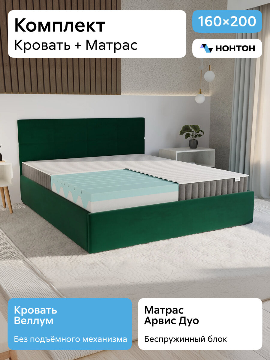 Кровать двуспальная Нонтон Веллум, 160x200 см, настил, Матрас Арвис Дуо, велюр зеленый