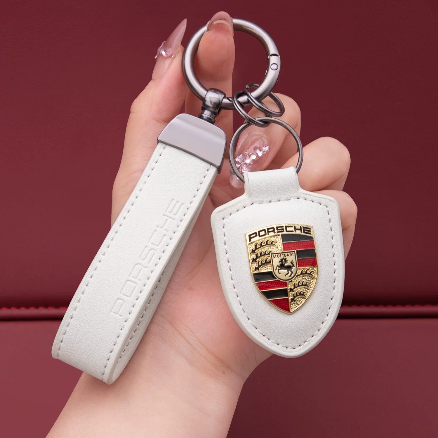 Porsche кожаный брелок с классическим щитом и косой бечевкой, перламутровый белый для автомобильных ключей