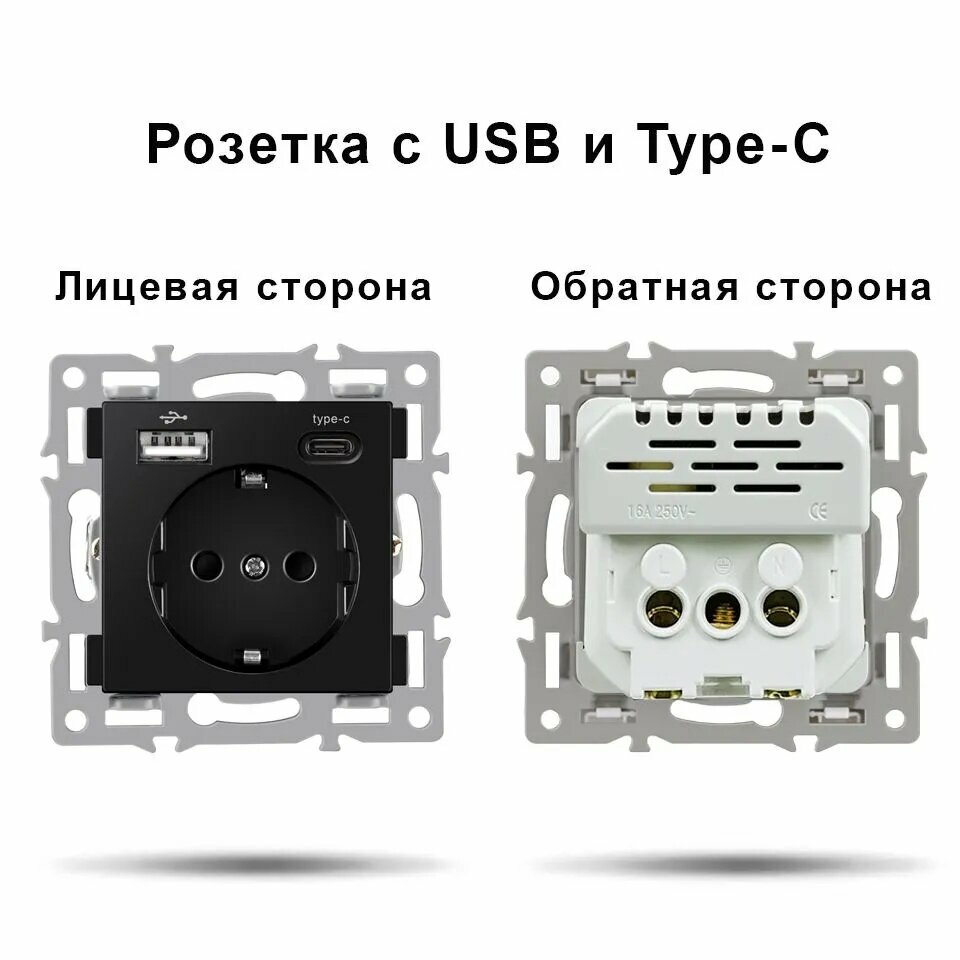 Механизм розетки JHJCH (без рамки) с Usb/Type-C АC, 1 шт, цвет черный