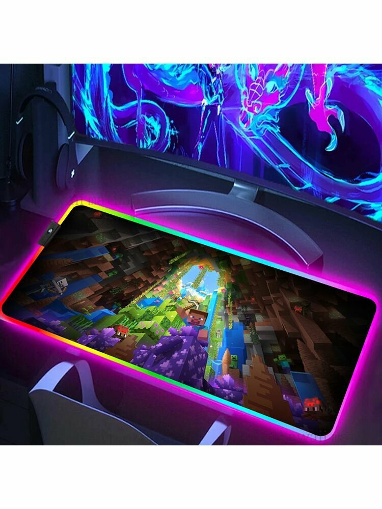 Игровой коврик для мышки RGB "Minecraft", подсветка, нескользящее основание, XXL, 40 см x 90 см