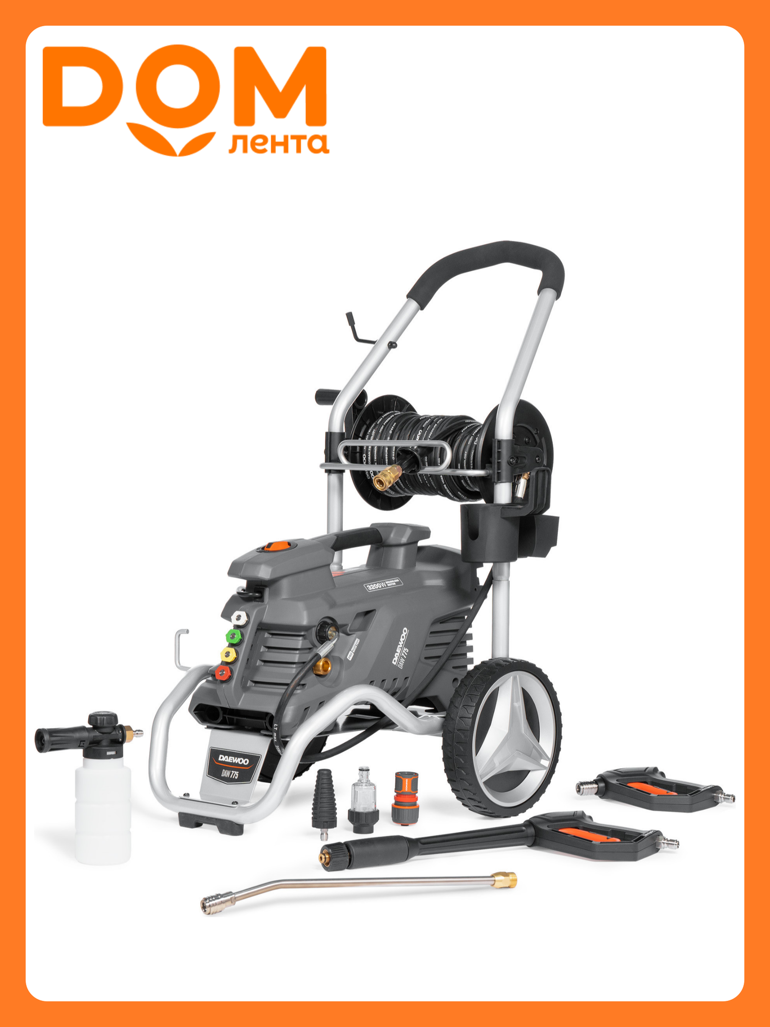 Мойка высокого давления DAEWOO DAW 775, 210 бар, 3.2кВт, 12м шланг, автоматическая защита