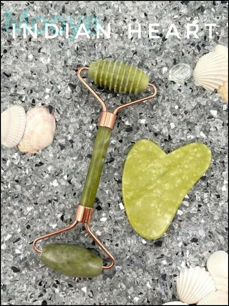 Нефритовый массажный набор гуаша : Мезороллер и скребок гуаша, Роллер и массажер для лица