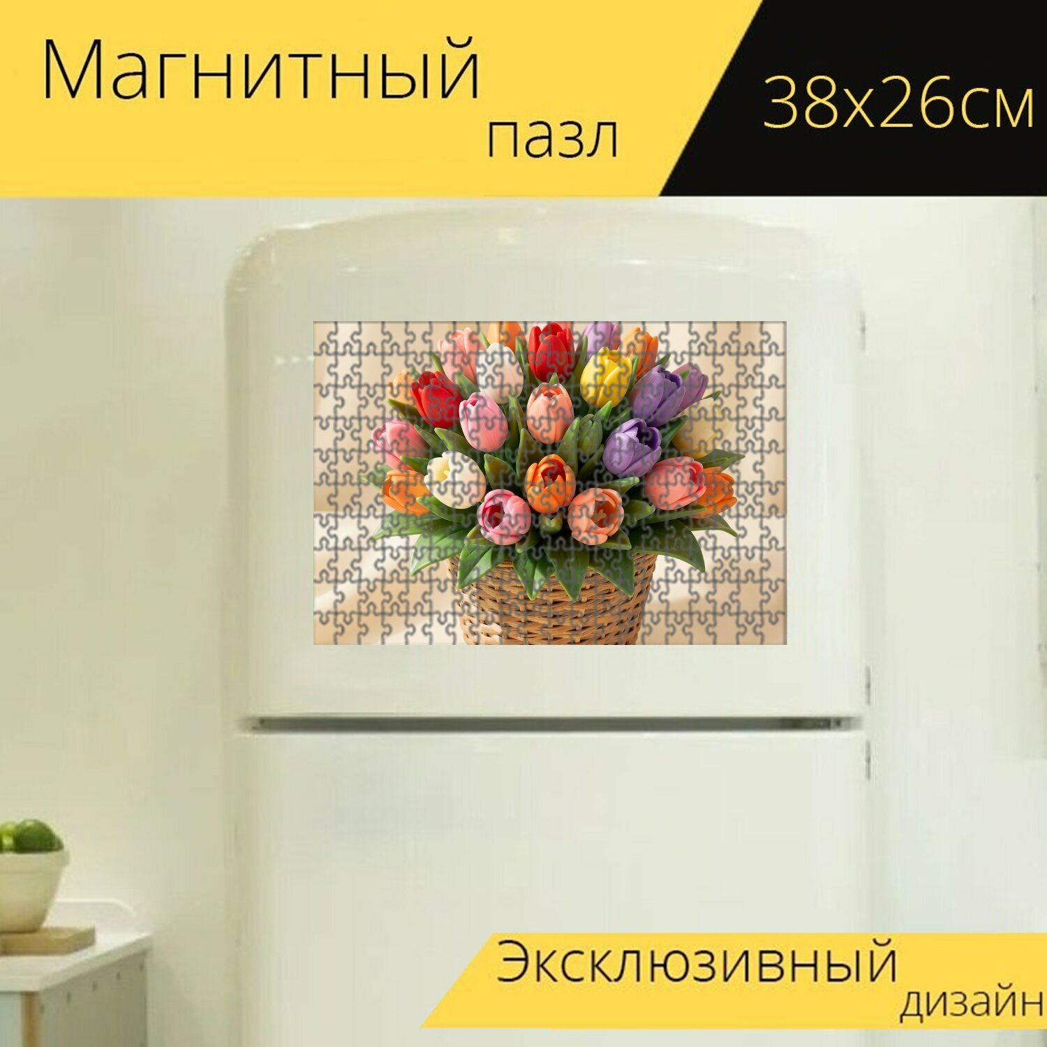 Магнитный пазл "Разноцветные тюльпаны в плетёной корзине. Яркая композиция из весенних бутонов в корзинке, нежные пастельные и насыщенные оттенки, зелёные." для интерьера, 38х26 см.