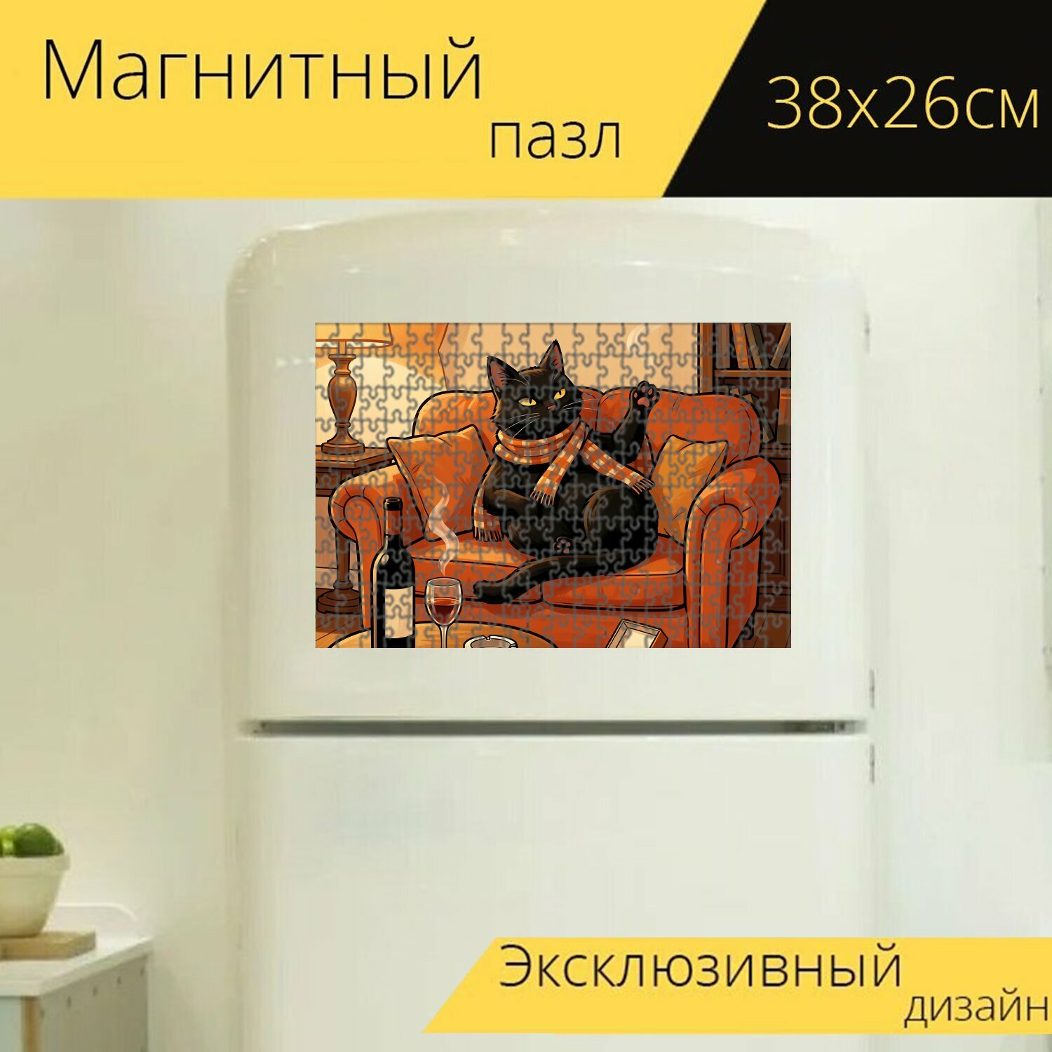 Магнитный пазл "Черный кот в уютной гостиной. Иллюстрация с черным котом на мягком диване, в теплом оранжево-коричневом интерьере. Свечи, бокал, бутылка." для интерьера, 38х26 см.