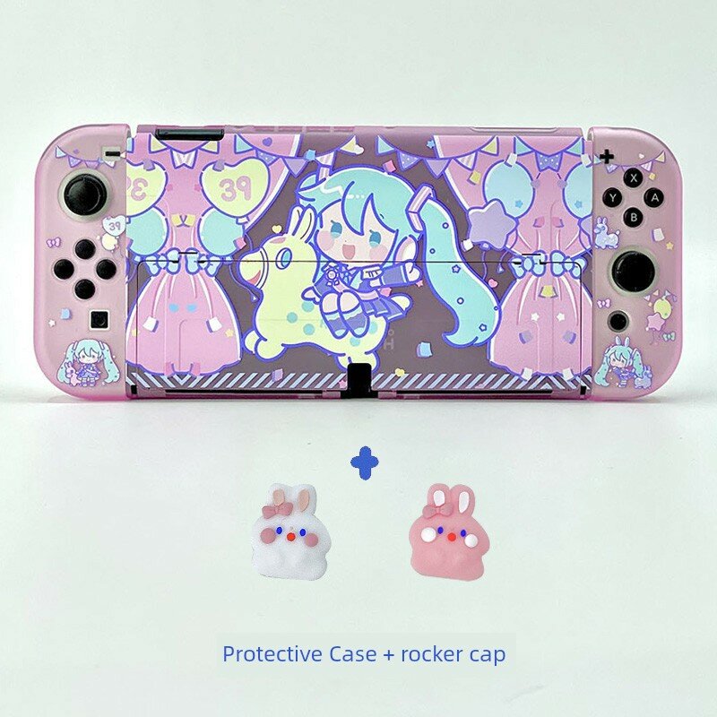 Кейс с OLED-дизайном Hatsune Miku и розовой белой шапкой-зайчиком для Nintendo Switch