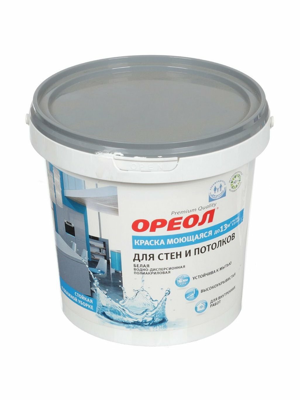 Краска водно-дисперсионная Ореол полиакриловая белая матовая моющаяся влагостойкая для стен и потолков 1.5 кг