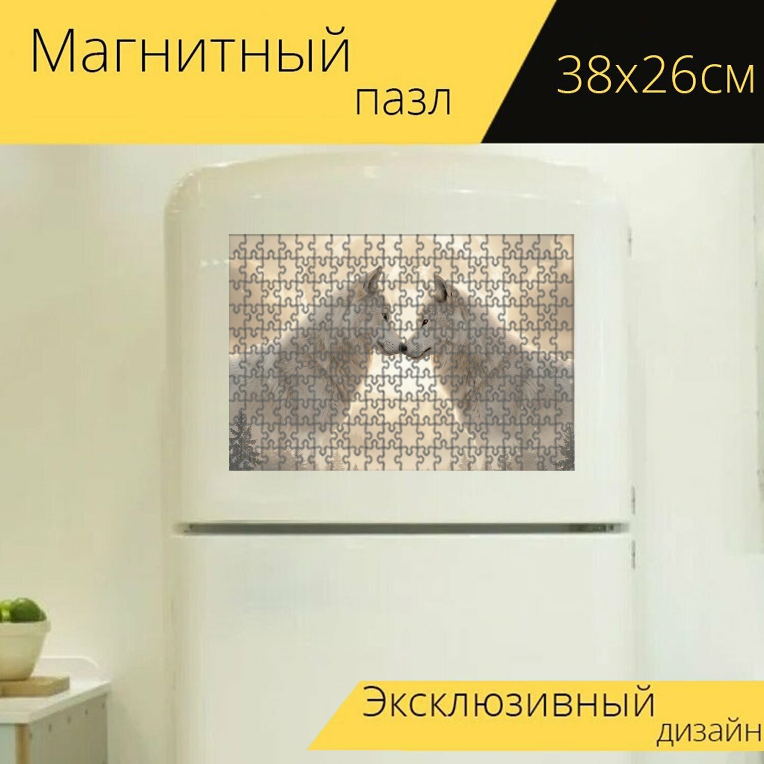 Магнитный пазл "Два белых волка при луне. Пара северных хищников соприкасается мордами на фоне огромного лунного диска. Сказочная цифровая иллюстрация в." для интерьера, 38х26 см.