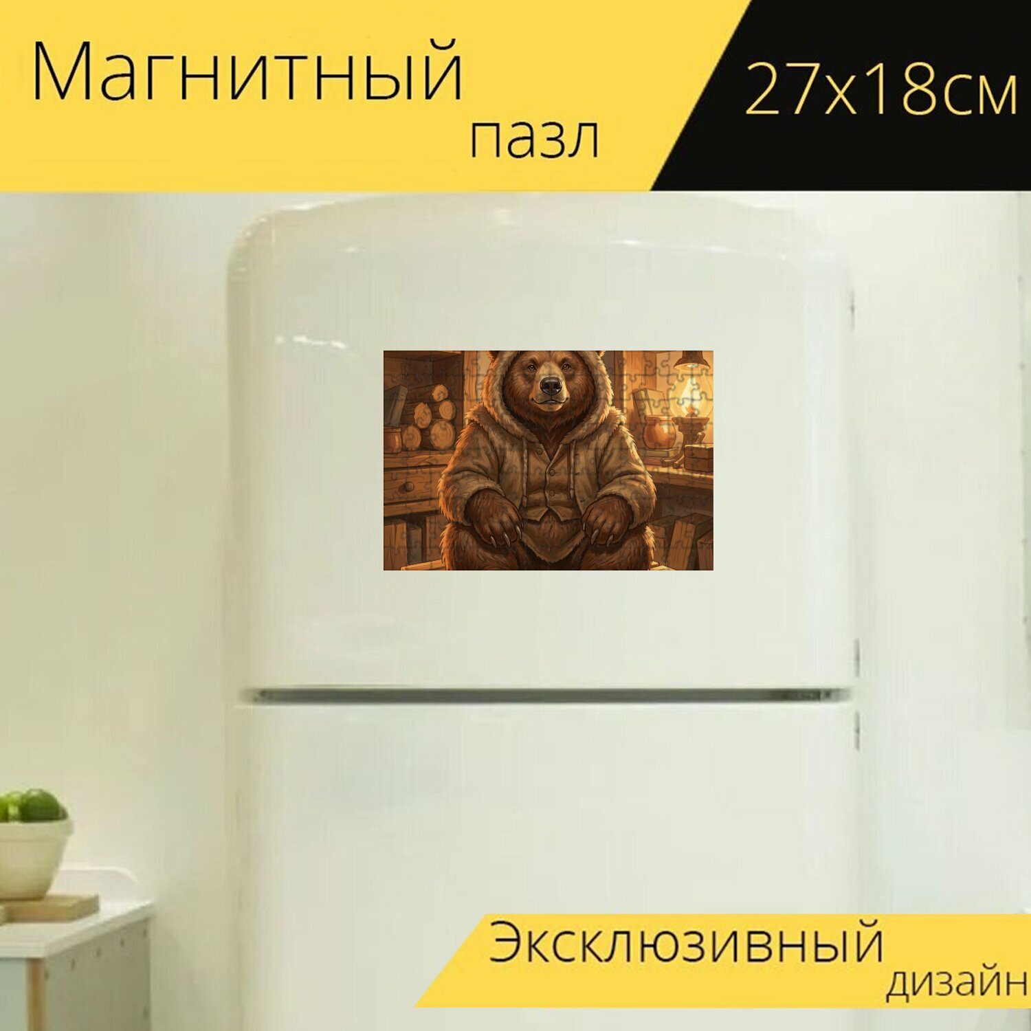 Магнитный пазл "Медведь в меховой парке. Уютная иллюстрация лесного зверя в теплой одежде, сидящего в деревянной комнате при свете лампы. Коричневые." на холодильник 27 x 18 см.