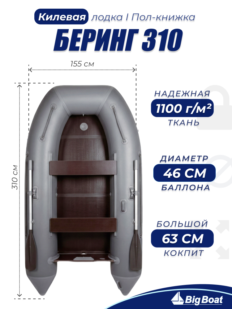 Надувная, под мотор, килевая лодка из ПВХ для рыбалки Bering (Беринг)310К пол-книжка
