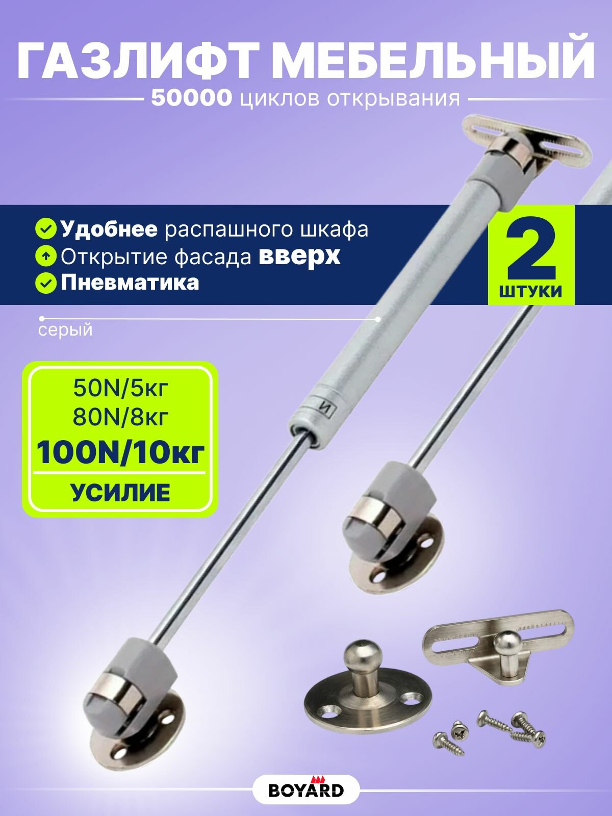Газлифт мебельный пневматический BOYARD серый 100N/10кг, 2 штуки