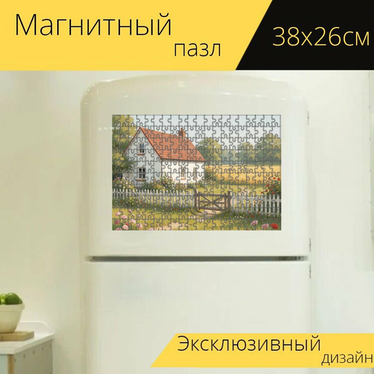 Магнитный пазл "Уютный деревенский дом с садом. Сельский летний пейзаж в пастельной живописной манере: белый коттедж, цветущий палисадник, белый забор." для интерьера, 38х26 см.