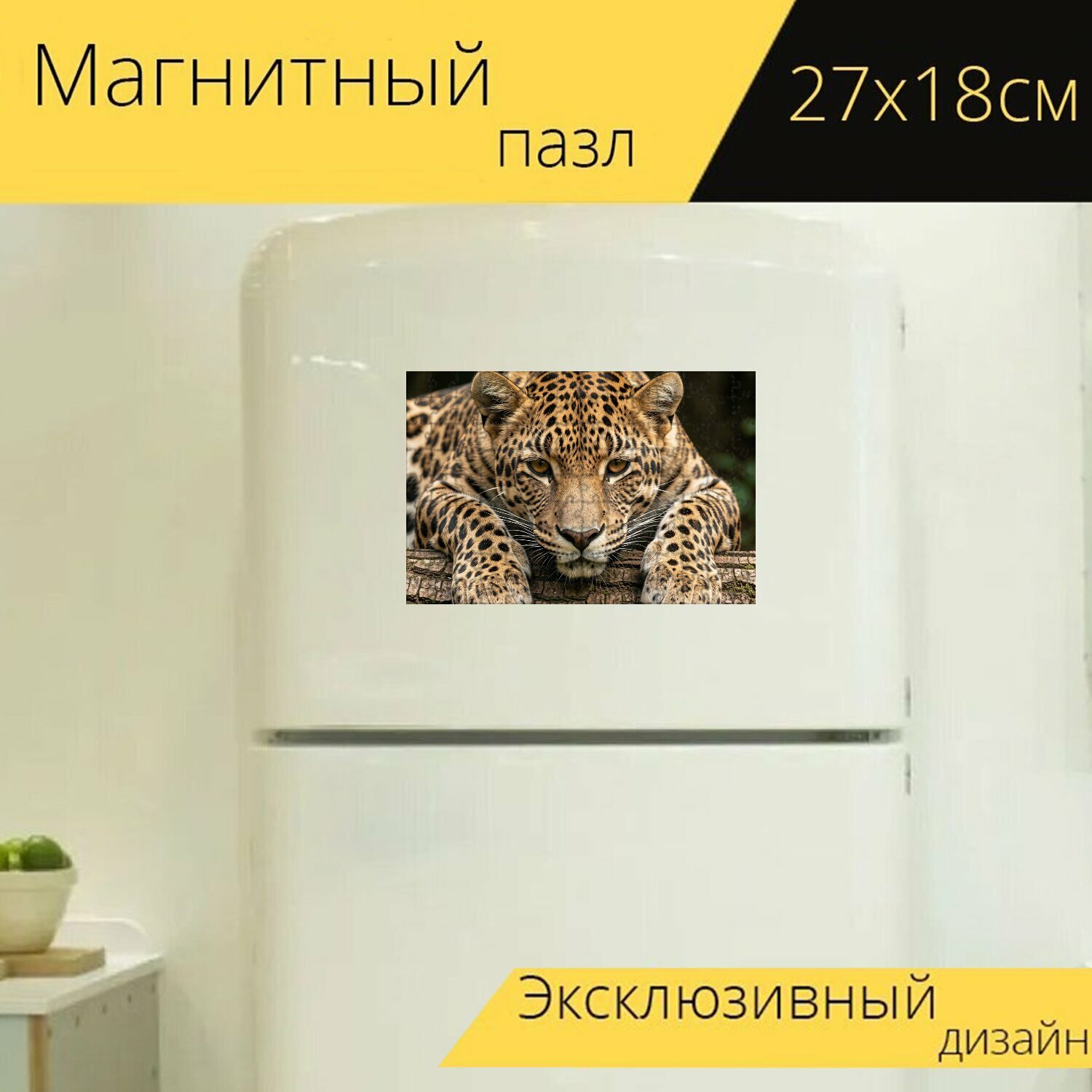 Магнитный пазл "Леопард на бревне в джунглях. Хищная дикая кошка крупным планом лежит на стволе дерева среди тропической зелени. Реалистичный стиль." на холодильник 27 x 18 см.