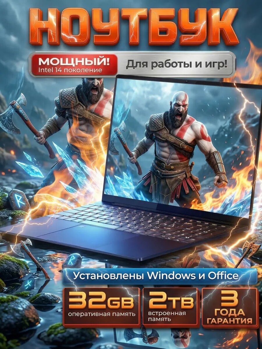 Ноутбук игровой 2026 Intel H-series, RAM 32GB, SSD 2048GB, IPS + Windows, Office