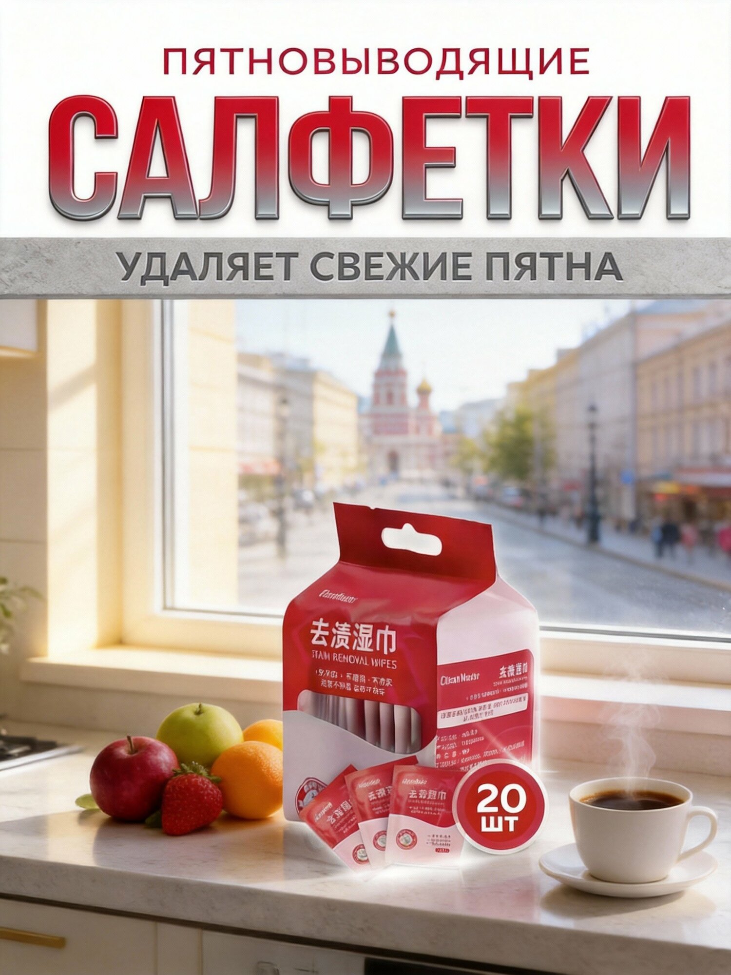 Пятновыводящие салфетки 20 шт, влажные одноразовые в индивидуальной упаковке для одежды, обуви и мебели с нейтральным pH