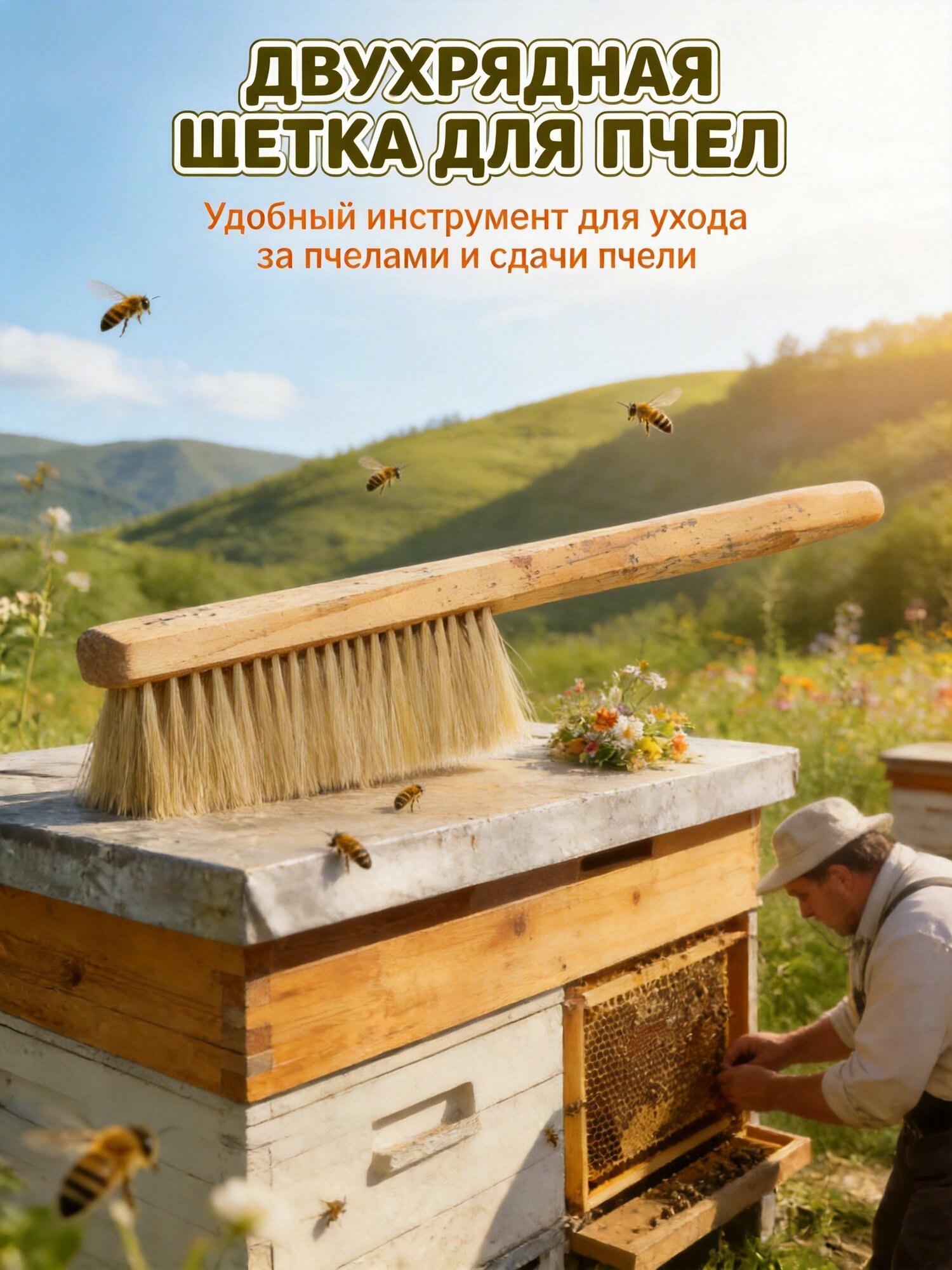Двухрядная щетка для пчел, с конским ворсом и деревянной ручкой для ухода за ульями и аккуратного смахивания с рамок