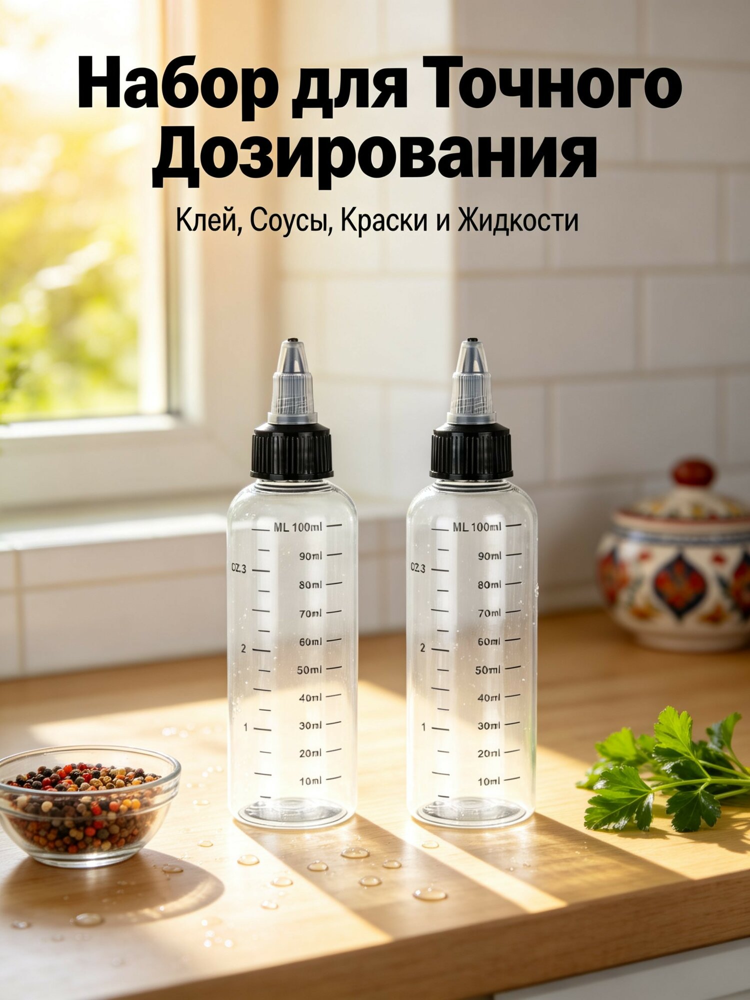 Набор из 2 бутылочек 100 мл с дозатором и шкалой, для точного нанесения клея, соусов, красок и других жидкостей