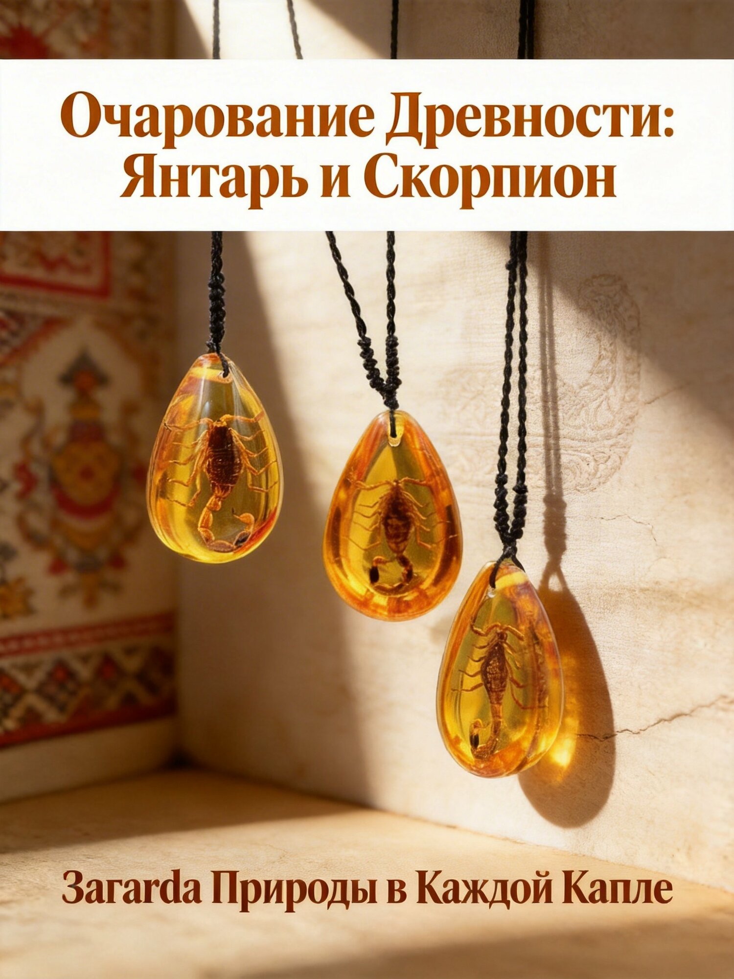 Ожерелье под подвеску из натурального янтаря со скорпионом внутри, фигурная декоративная подвеска 1 шт