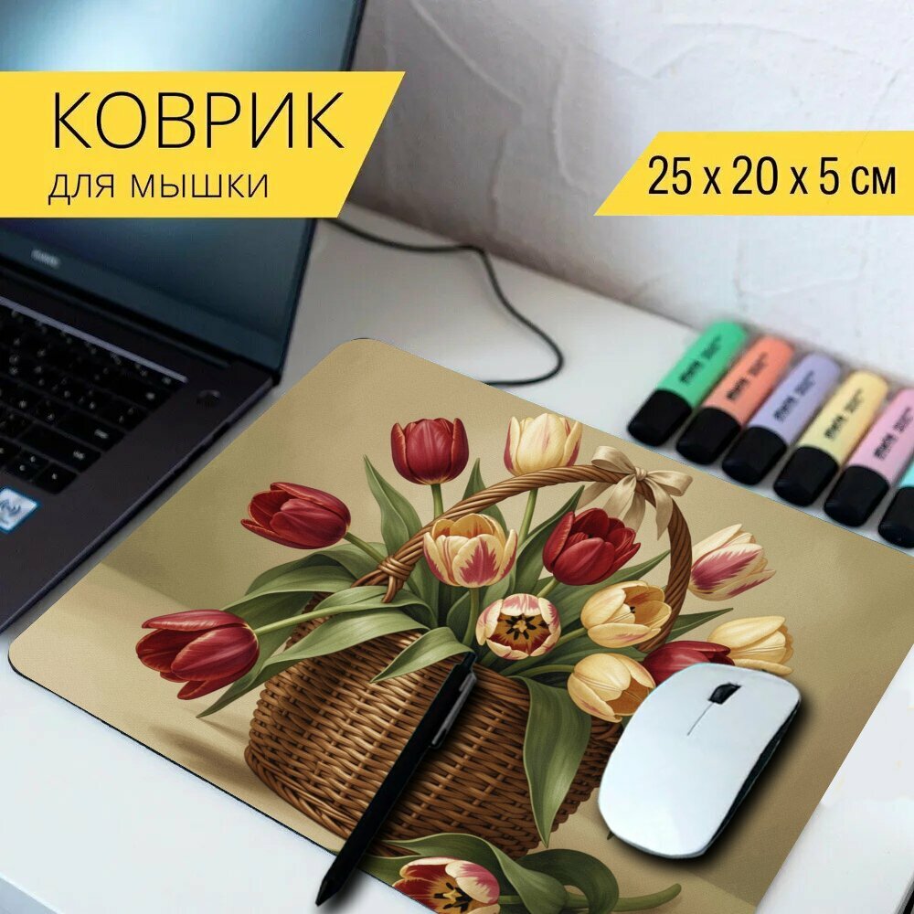 Коврик для мыши с принтом "Тюльпаны в плетёной корзине. Нежный натюрморт в винтажной стилистике: букет ярких тюльпанов в лозовом плетении, зелёные листья, кремовые и." 25x20см.