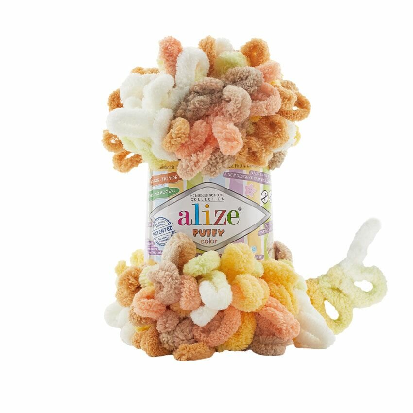 Пряжа для вязания Puffy Color Alize 1 моток (9 м, 100 гр), цвет 6528 персик-желтый-салат-бежевый