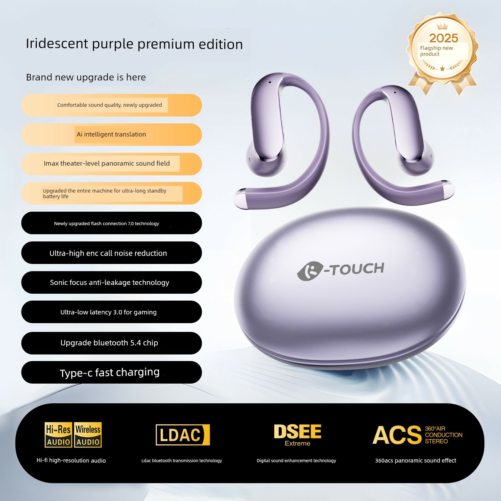 Наушники Bluetooth Tianyu, с заушным креплением, беспроводные, не внутриканальные, с функцией перевода, воздушная