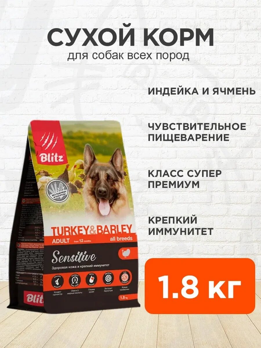Корм сухой Blitz Sensitive Adult All Breeds Turkey&Barley для взрослых собак всех пород с чувствительным пищеварением индейка и ячмень, 1,8 кг