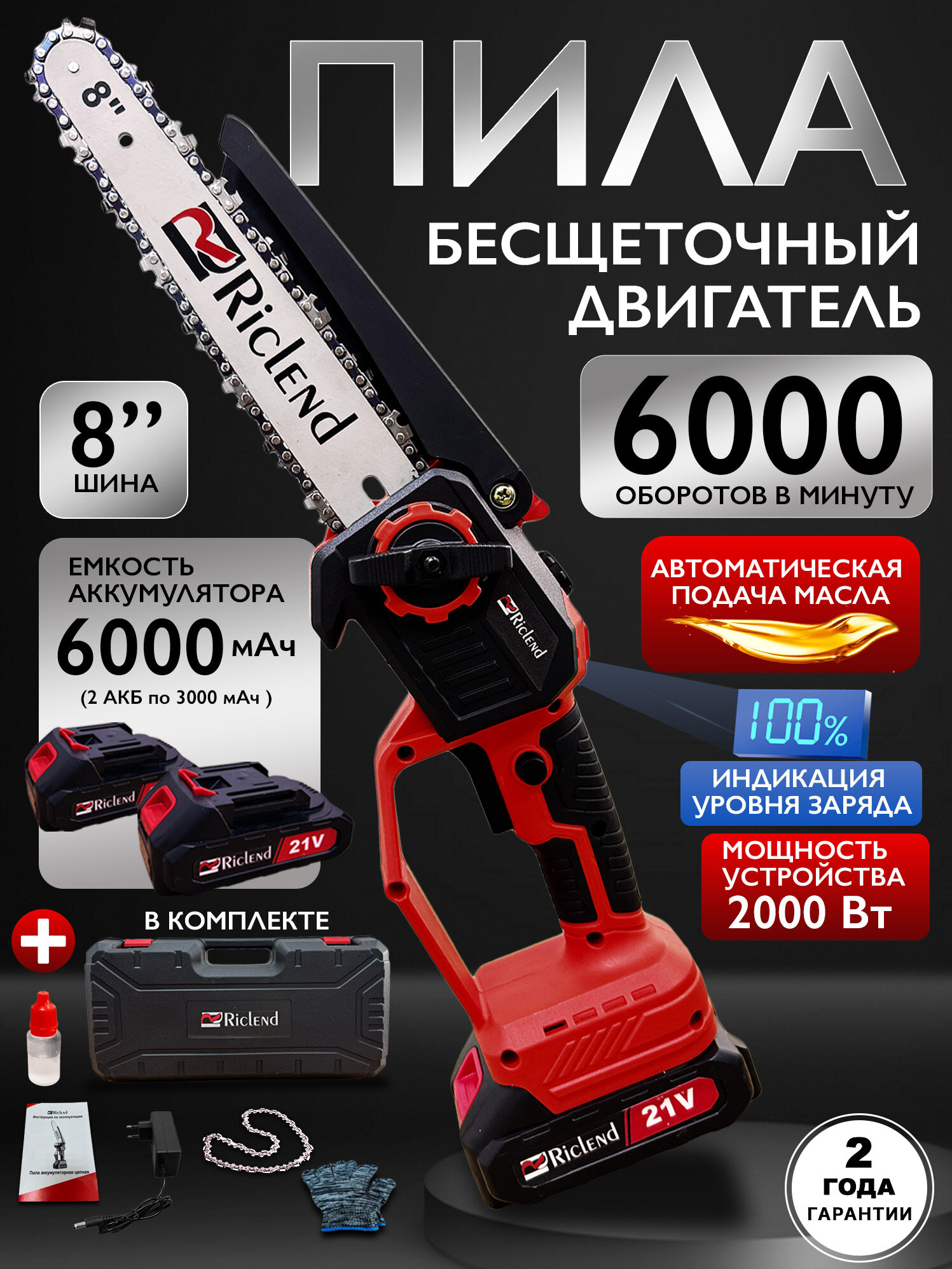 Пила аккумуляторная цепная Riclend