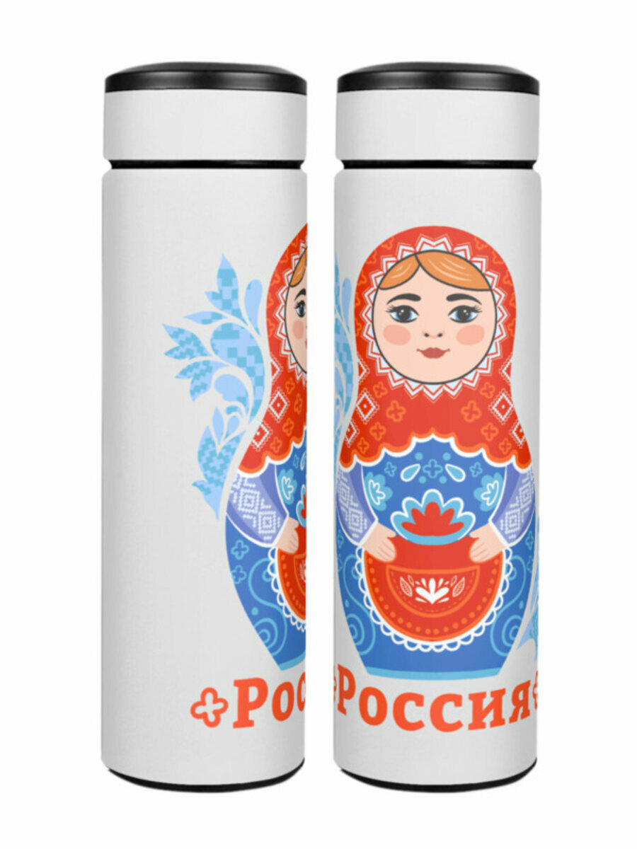 Термос «Матрёшка, Россия, народный стиль» (белый)