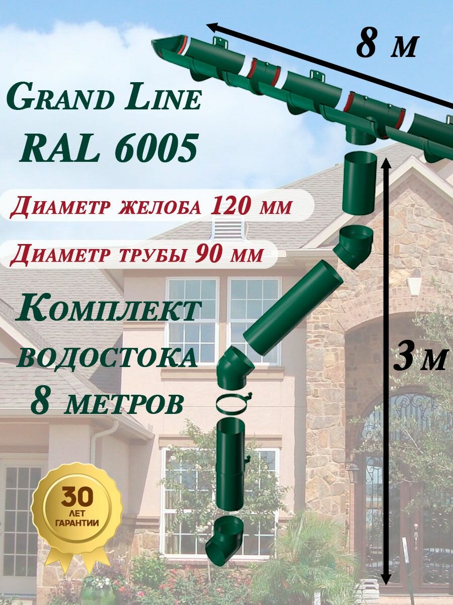 Водосток для крыши Grand Line 8 м (1,5 м + 1 м) диаметр 120 мм / 90 мм комплект водосточной системы для дома пластиковый Гранд Лайн ( цвет RAL 6005 зеленый мох ) комплект ПВХ