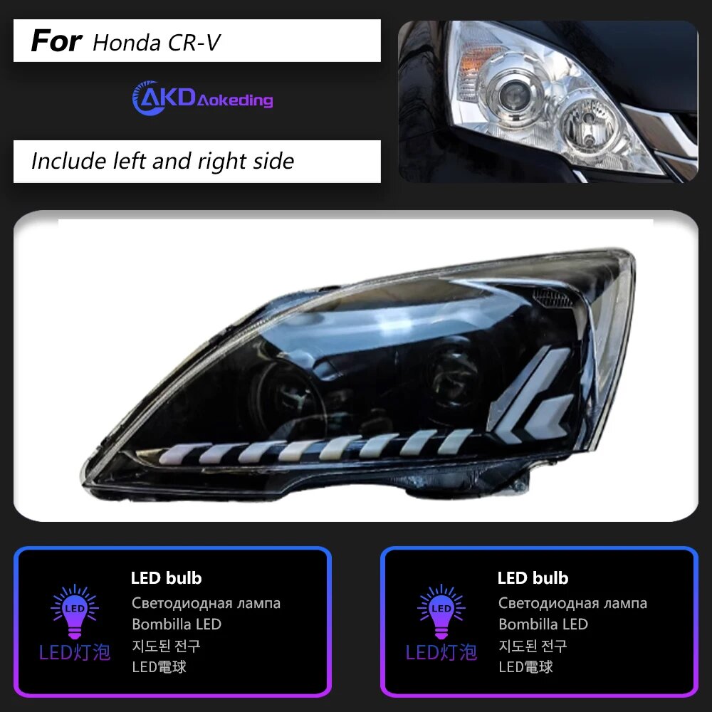 Фара AKD для Honda CR-V LED-фара 2007-2011 Фары CRV Дневной ходовой огонь转向灯远光灯 Ангельское окошко Линза проектора