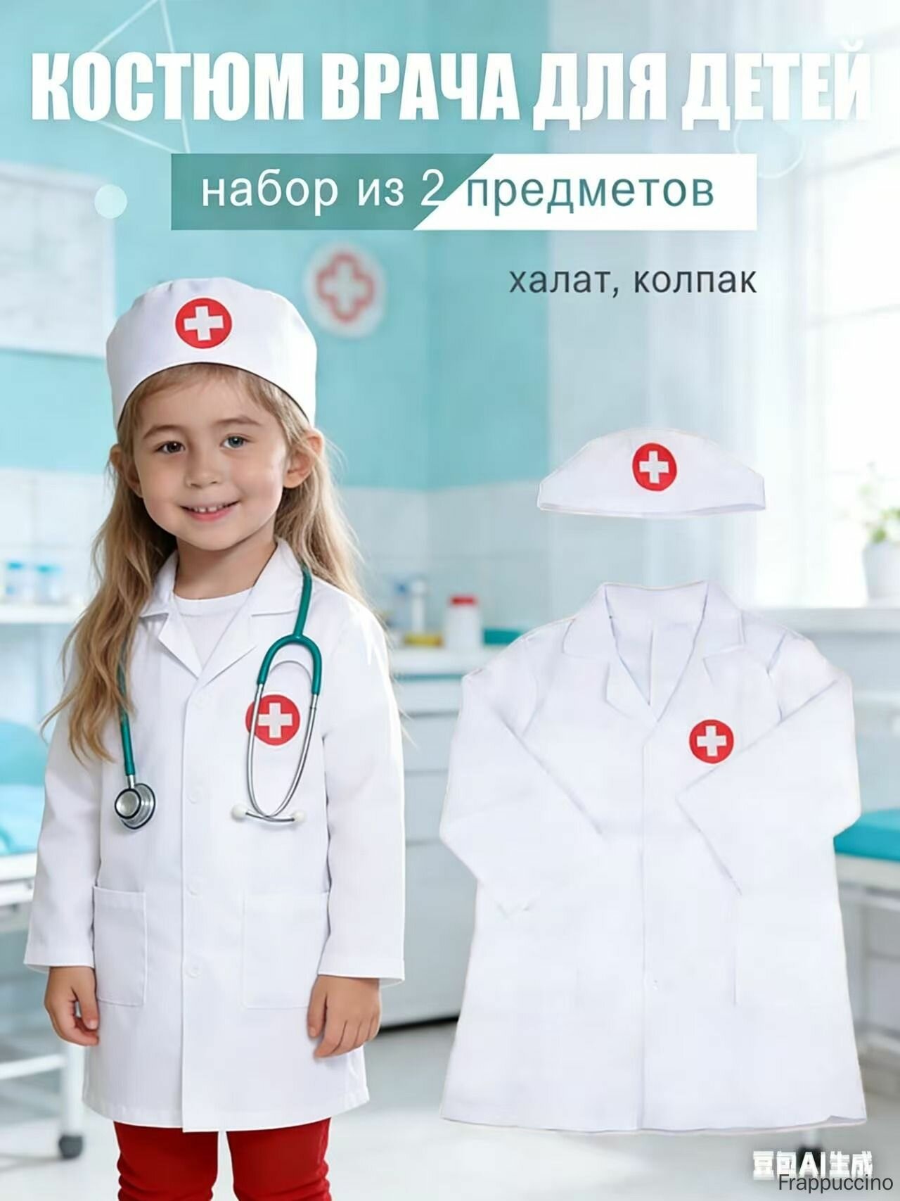 Детский карнавальный костюм врача набор из 2 предметов: халат, колпак. для маскарада комплект одежды образ доктора
