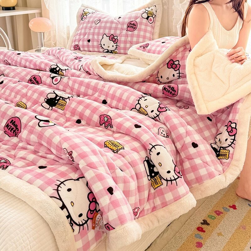 MC Pink Grid Kitty Молочная Флисовая Двойная Покрывало 200x230 см, Теплое, Противоскользящее, Без Пиллинга, Без Статики