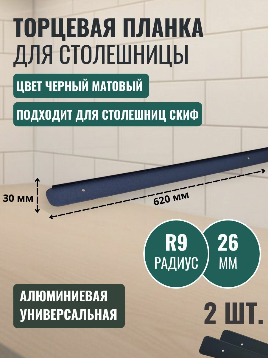 Планка торцевая для столешницы R9 26 мм 620 мм универсальная цвет Чёрный матовый 2 шт.