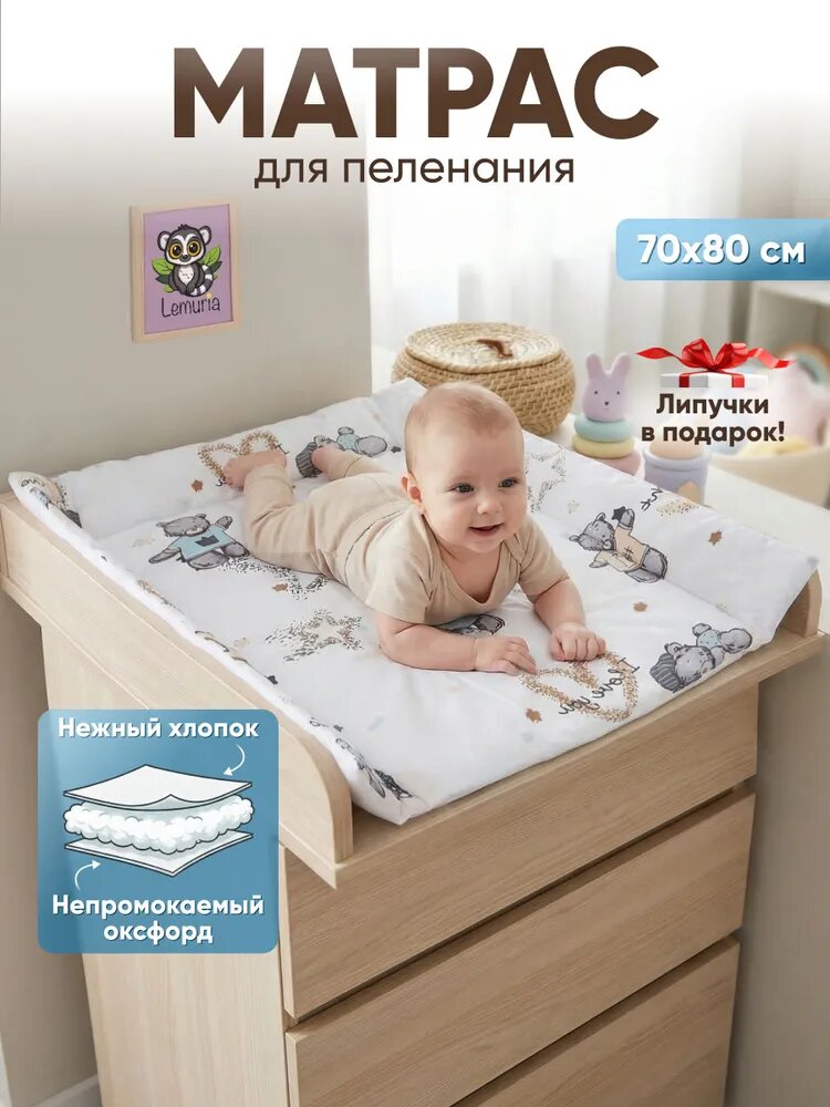 Матрас пеленальный двухсторонний с бортиками 70х80 см, Lemuria