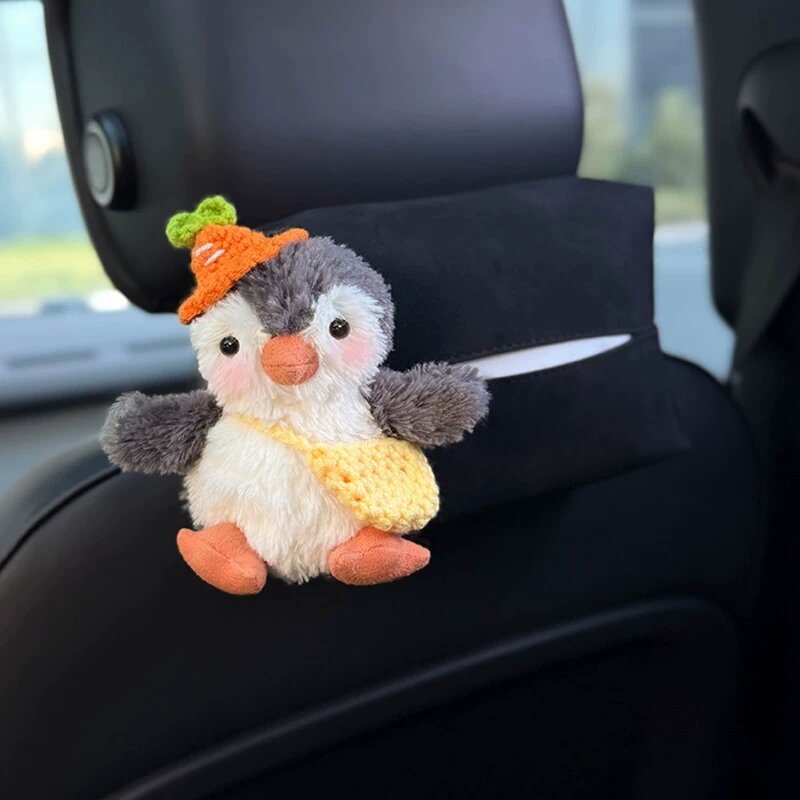 Пингвин-образный держатель для салфеток на автомобильное сиденье с морковной шапкой и желтой сумкой, черная вельветовая