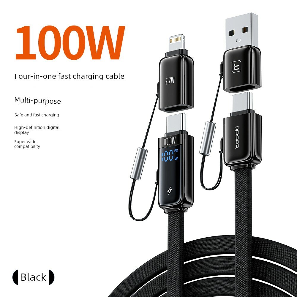 Toocki 4-in-1 USB-C кабель для зарядки 1.2м черный 100Вт сверхбыстрая зарядка с цифровым дисплеем совместимый с iPhone