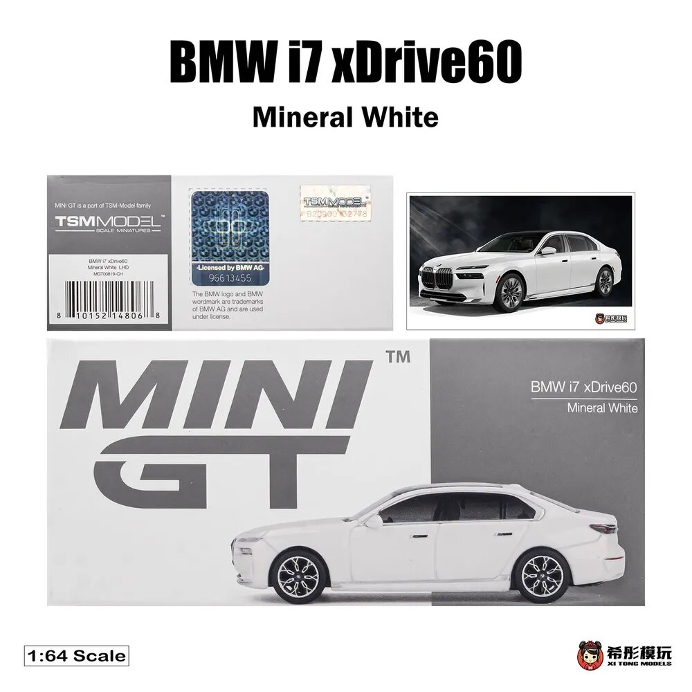 MINIGT #819 1:64 BMW i7 xDrive60 Mineral White Легковая модель автомобиля