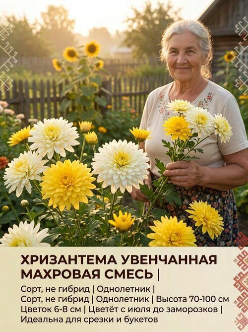 Хризантема Увенчанная махровая смесь (0,1 г) однолетник 70-100 см, цветки 6-8 см, белые и жёлтые, для срезки и клумб.