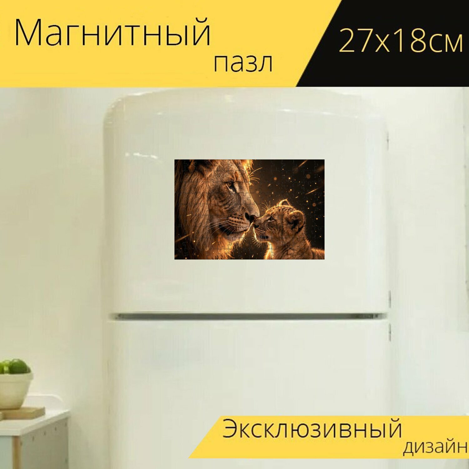 Магнитный пазл "Лев и львенок в свете. Теплый художественный сюжет с крупным львом и детенышем нос к носу, мягкое золотистое сияние, темный фон, искры и." на холодильник 27 x 18 см.